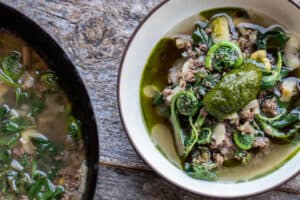 Fiddlehead Soup with Vegetables and Pesto