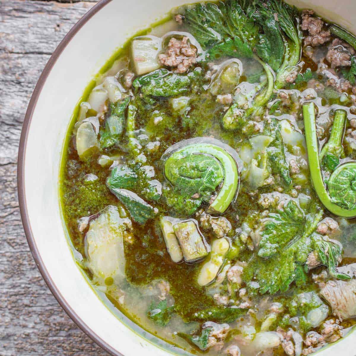 Fiddlehead Soup with Vegetables and Pesto