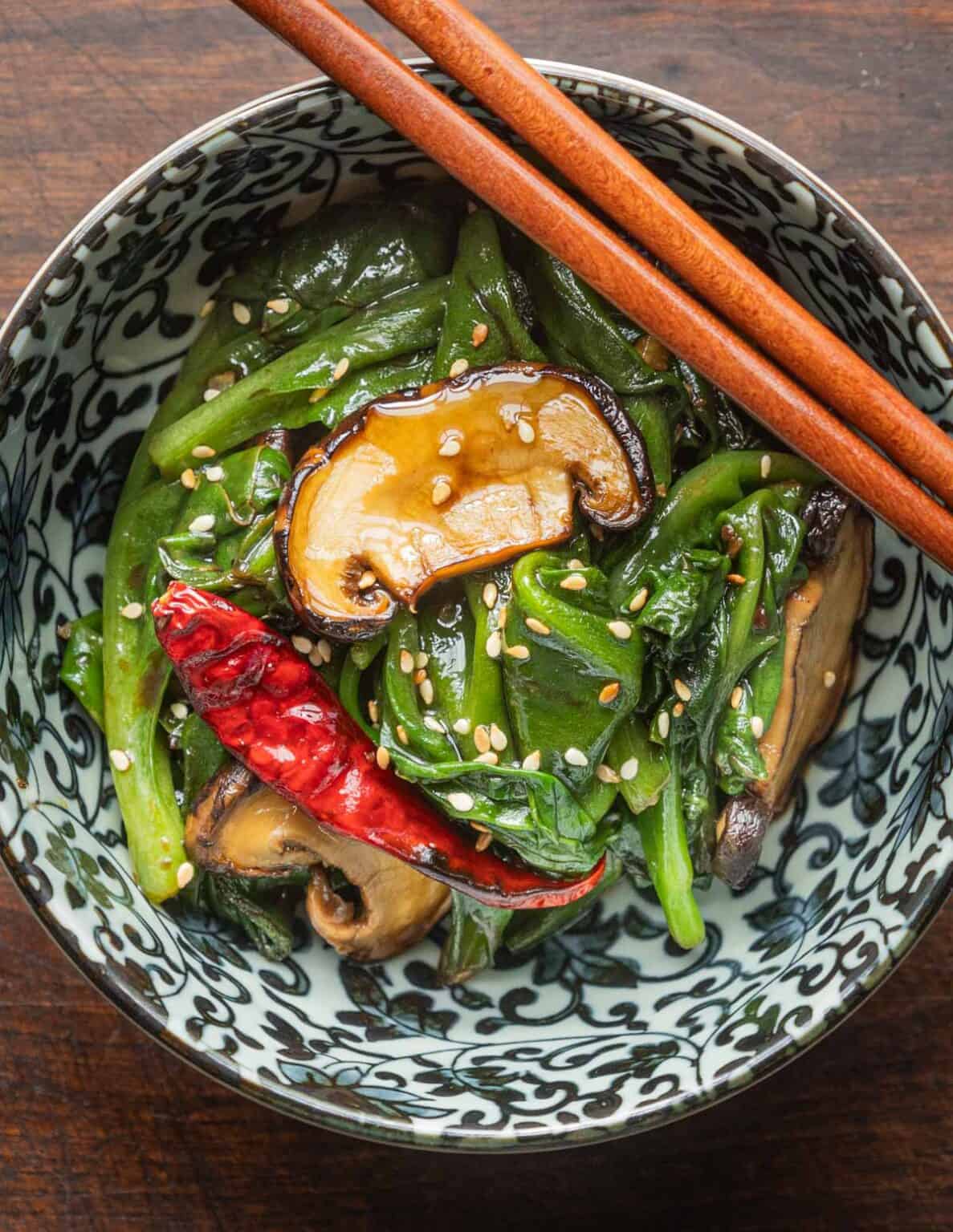 Mong Toi Stir Fry with Mushrooms (Malabar Spinach Recipe)
