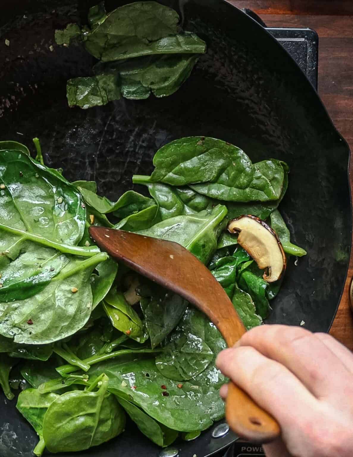 Mong Toi Stir Fry with Mushrooms (Malabar Spinach Recipe)